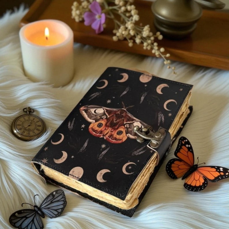 Handmade Leather Journal – Butterfly & Moon Phase Design, Vintage ...