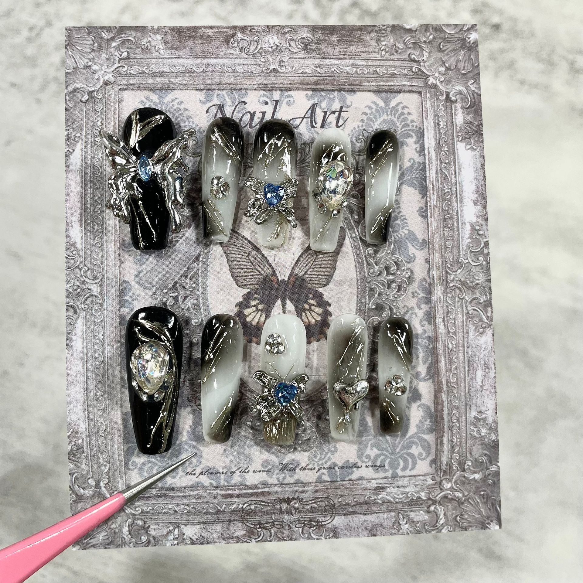 Handmade Long Dark Style Wearable Nails Butterfly Sparkling Sweet Cool ...