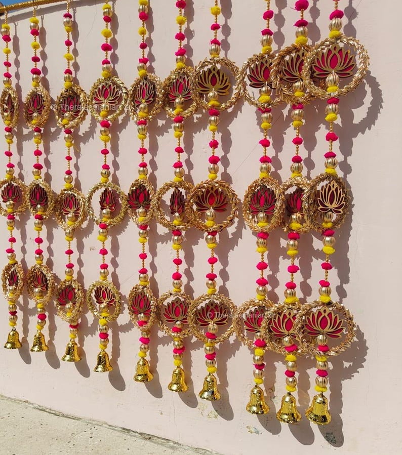 Handmade MDF Wood Lotus & Pom Pom Hanging with Bells | Festival Décor ...