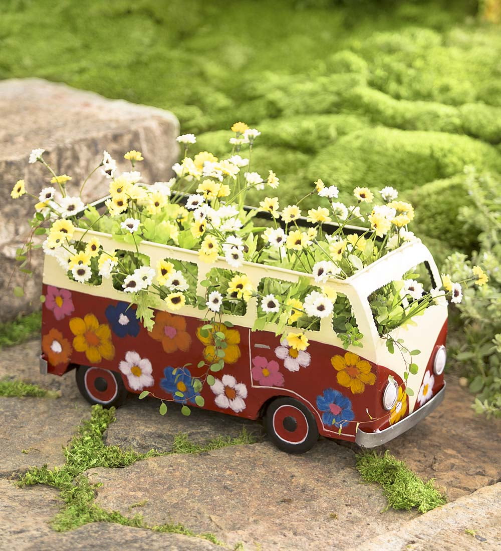 Handmade Metal Flower Power Bus Planter, 17" L x 7.75" W x 8.50" H ...