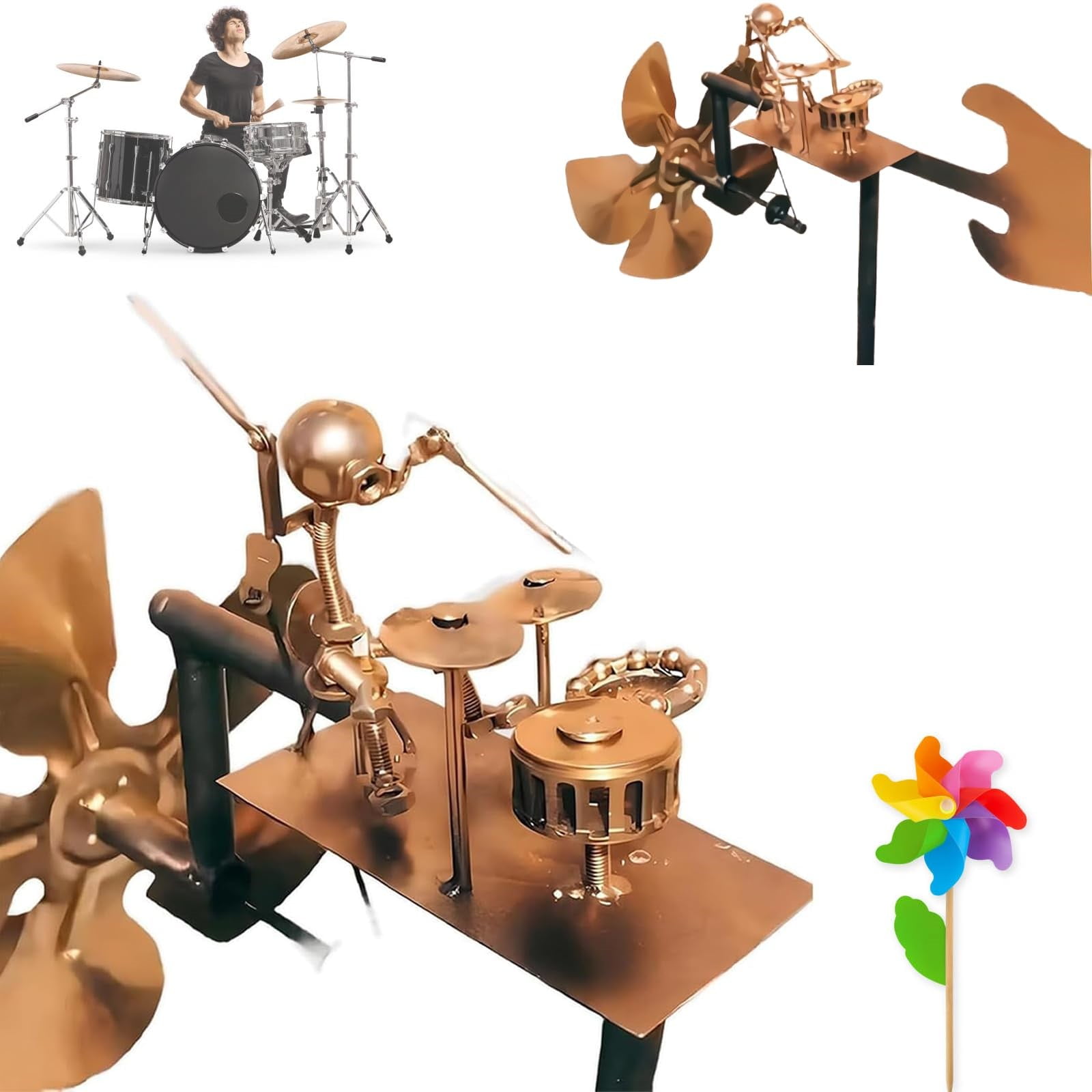 Handmade Metal Windmill Drummer Sculpture - Wind-Powered Kinetic Garden ...