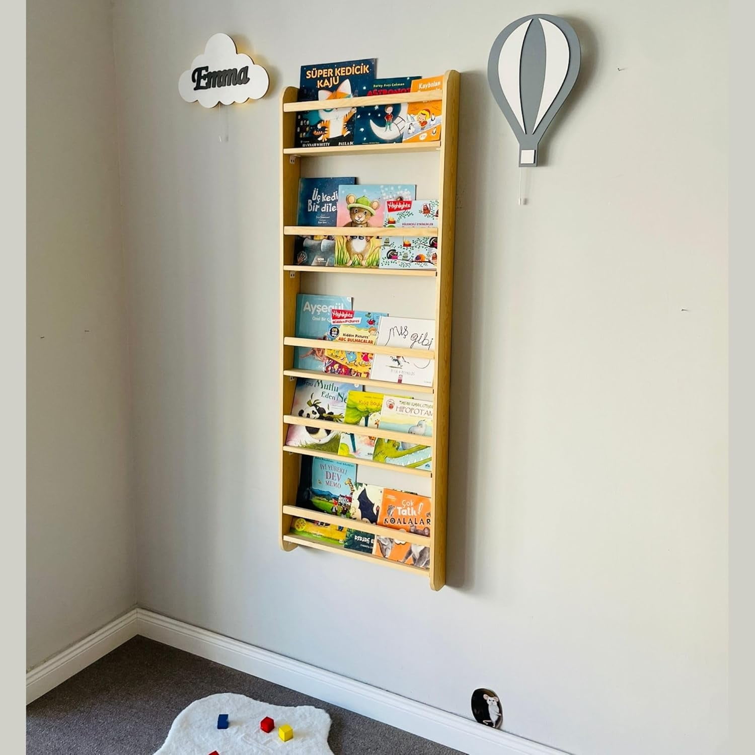 Handmade Natural Wood 5 Tier Montessori Kids Bookshelf, Wall Mounted ...