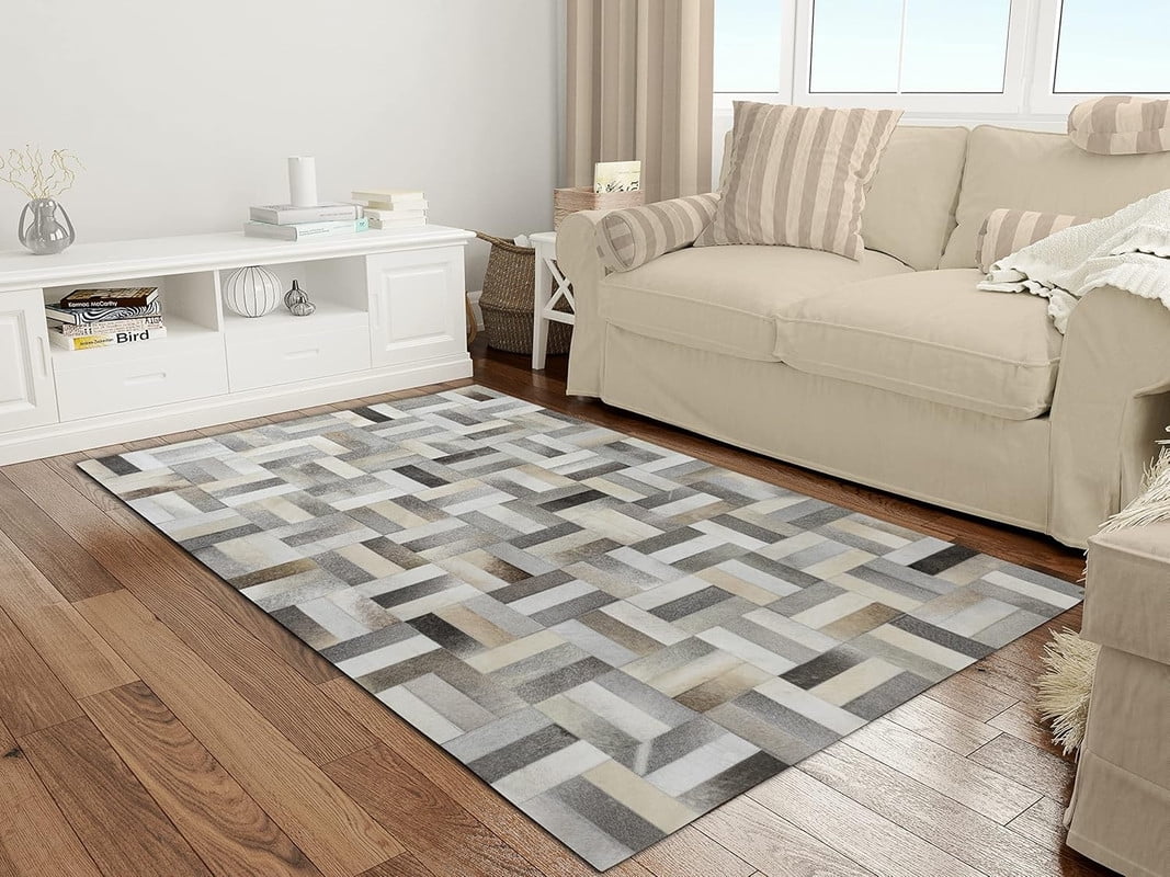 Artcore Geometric Gray Hair on Hide, Leather Hide Rugs, 9' x 12 ...