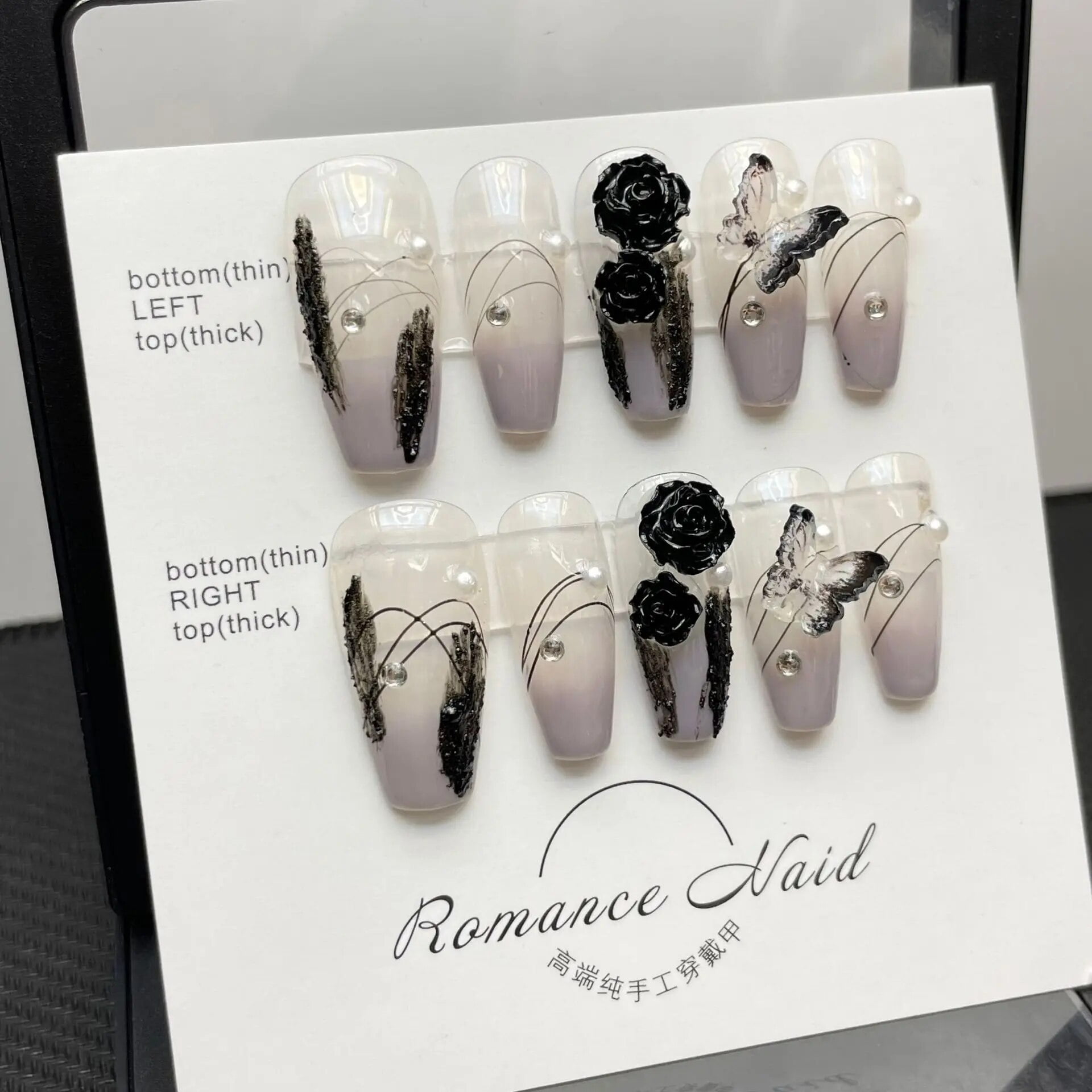 Handmade Press on Nails 3D Black Rose Flower Fake Nails Ins Almond ...