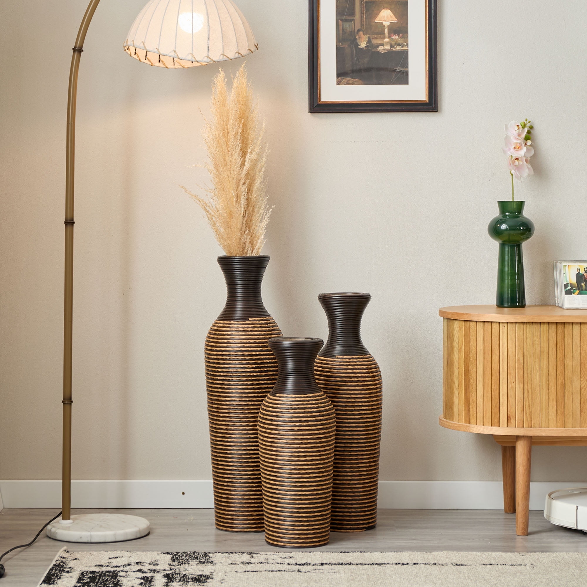 Handmade Rattan Floor Vase (Set Of 3), Tall Vase, Two-Tone Finish ...