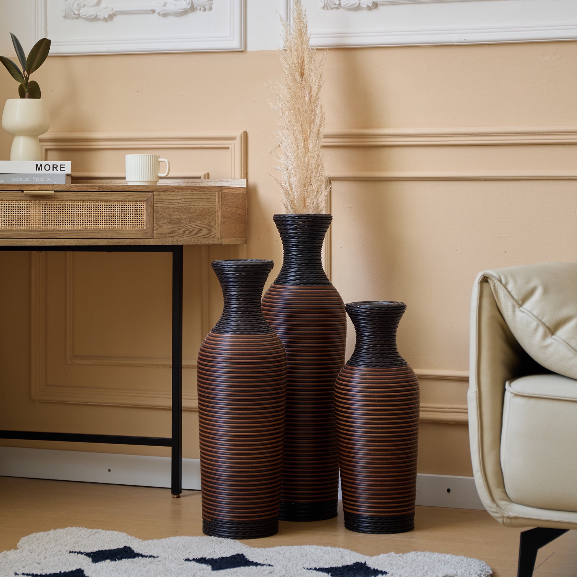 Handmade Rattan Floor Vase (Set Of 3), Tall Vase, Two-Tone Finish ...