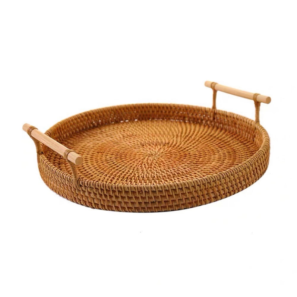 Handmade Rattan Tray with Wooden Handle, Round Rattan Food Storage ...