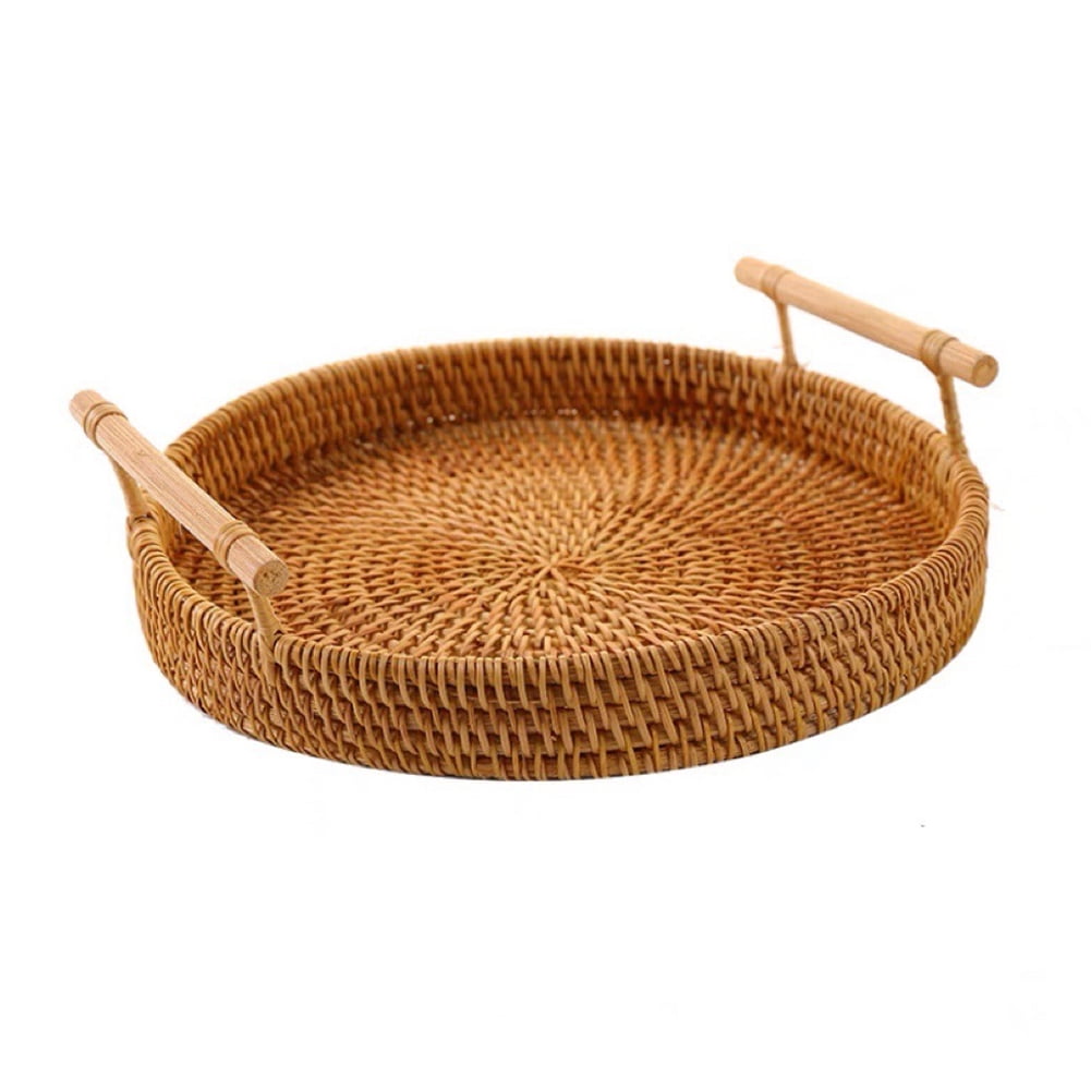 Handmade Rattan Tray with Wooden Handle, Round Rattan Food Storage ...