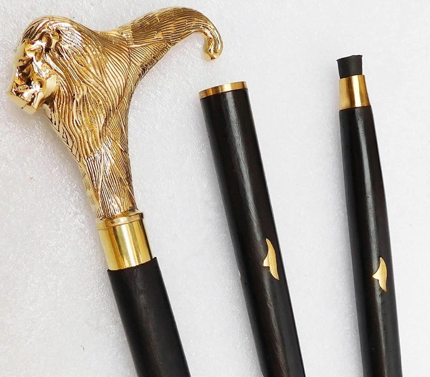 Handmade Solid Brass Lion Head Handle Wooden Walking Stick Vintage ...