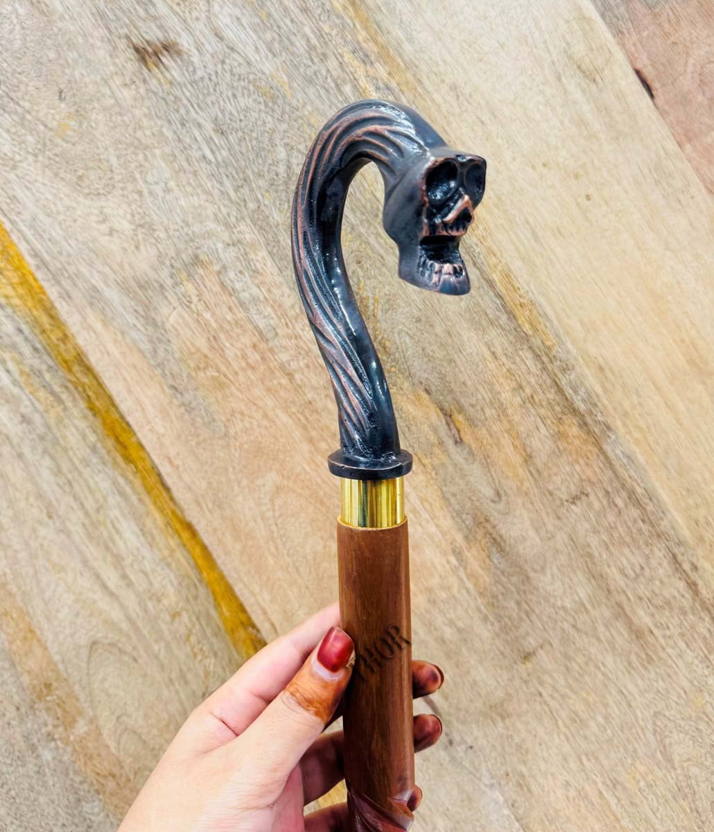Handmade Solid Brass Skull Snake Head Handle Vintage Antique Wooden ...