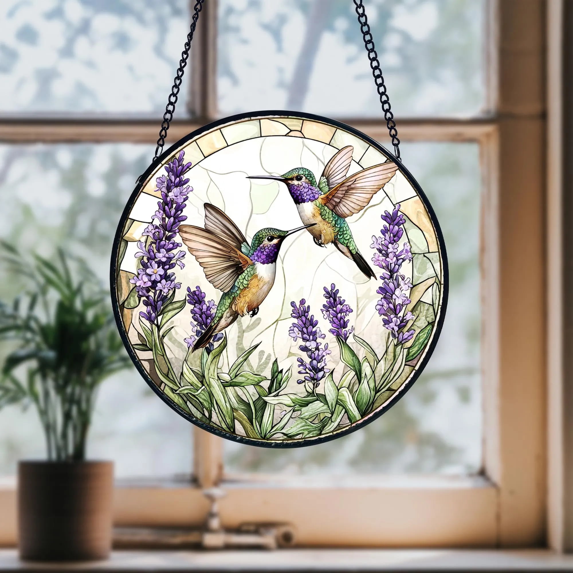 Handmade Stained Glass Suncatcher_ Hummingbirds and Lavender Decor ...