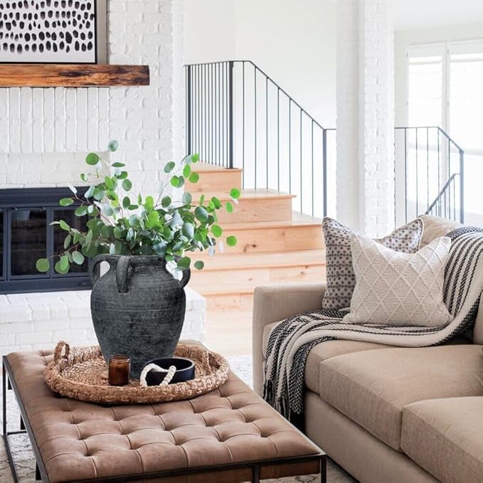 Handmade Terracotta Vase with Three Handles Wide Mouth Matte Black Finish Vintage Ceramic Rustic ...