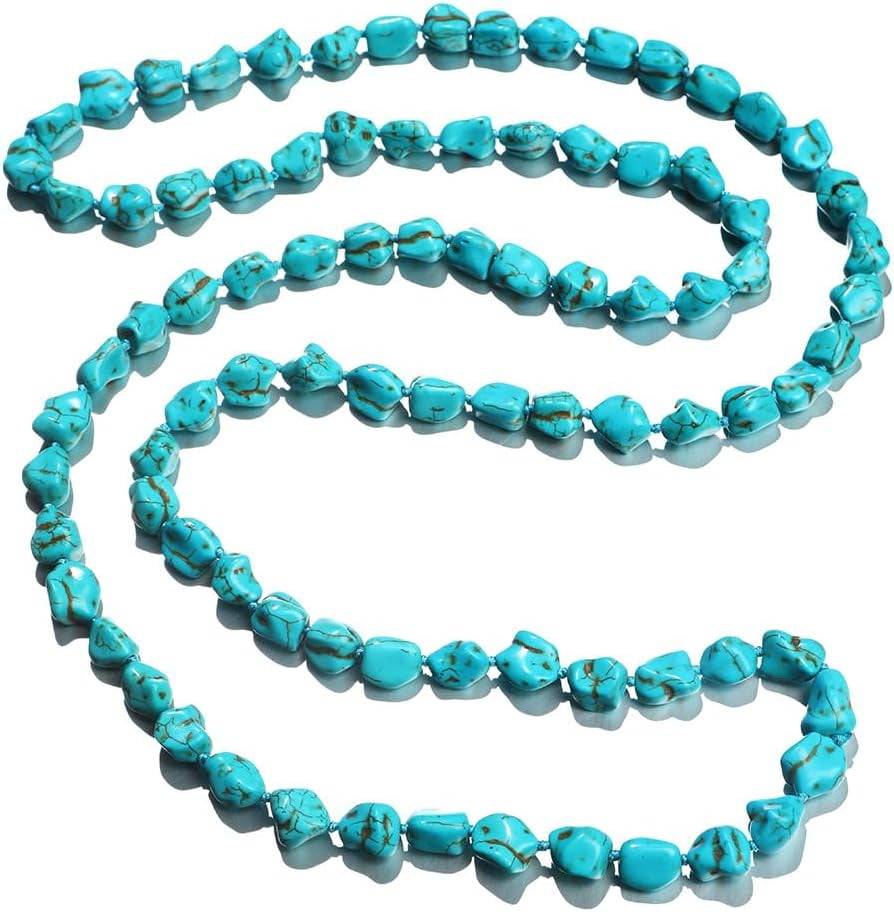 Handmade Turquoise Beaded Strand Endless Necklace Long Knotted Stone Multi-Strand Layer ...