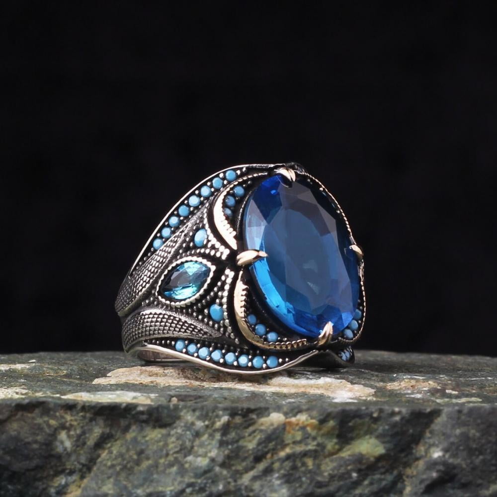New Handmade Vintage Dark Blue Zircon Stone Rings Ancient Silver Color ...