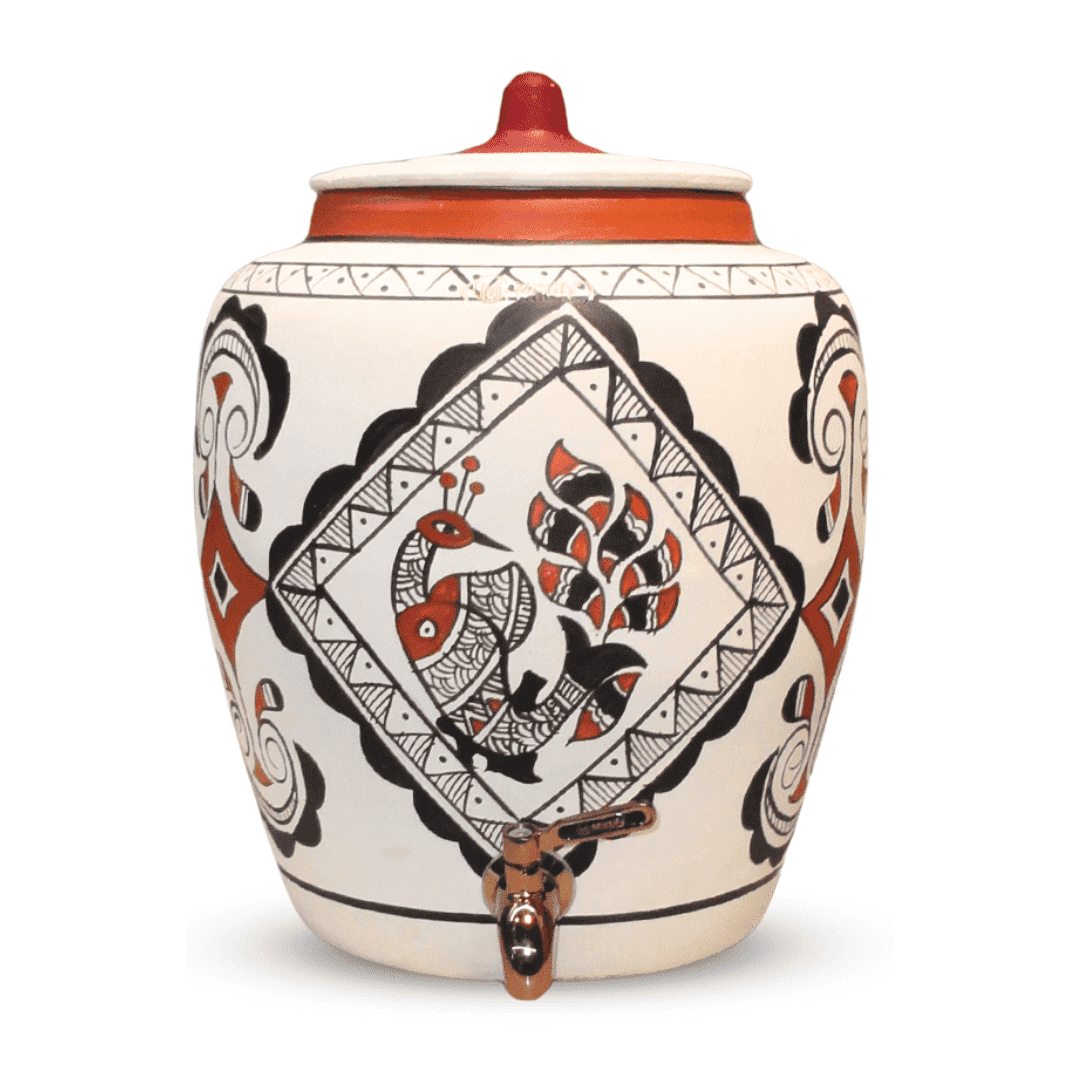 Handmade White Clay Water Pot with Lid & Metal Tap | Indian Earthen ...