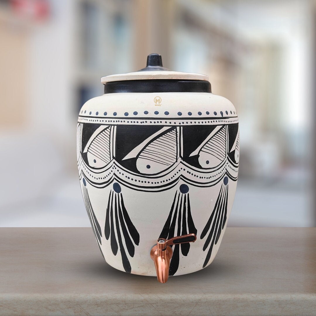 Handmade White Clay Water Pot with Lid & Metal Tap | Indian Earthen ...