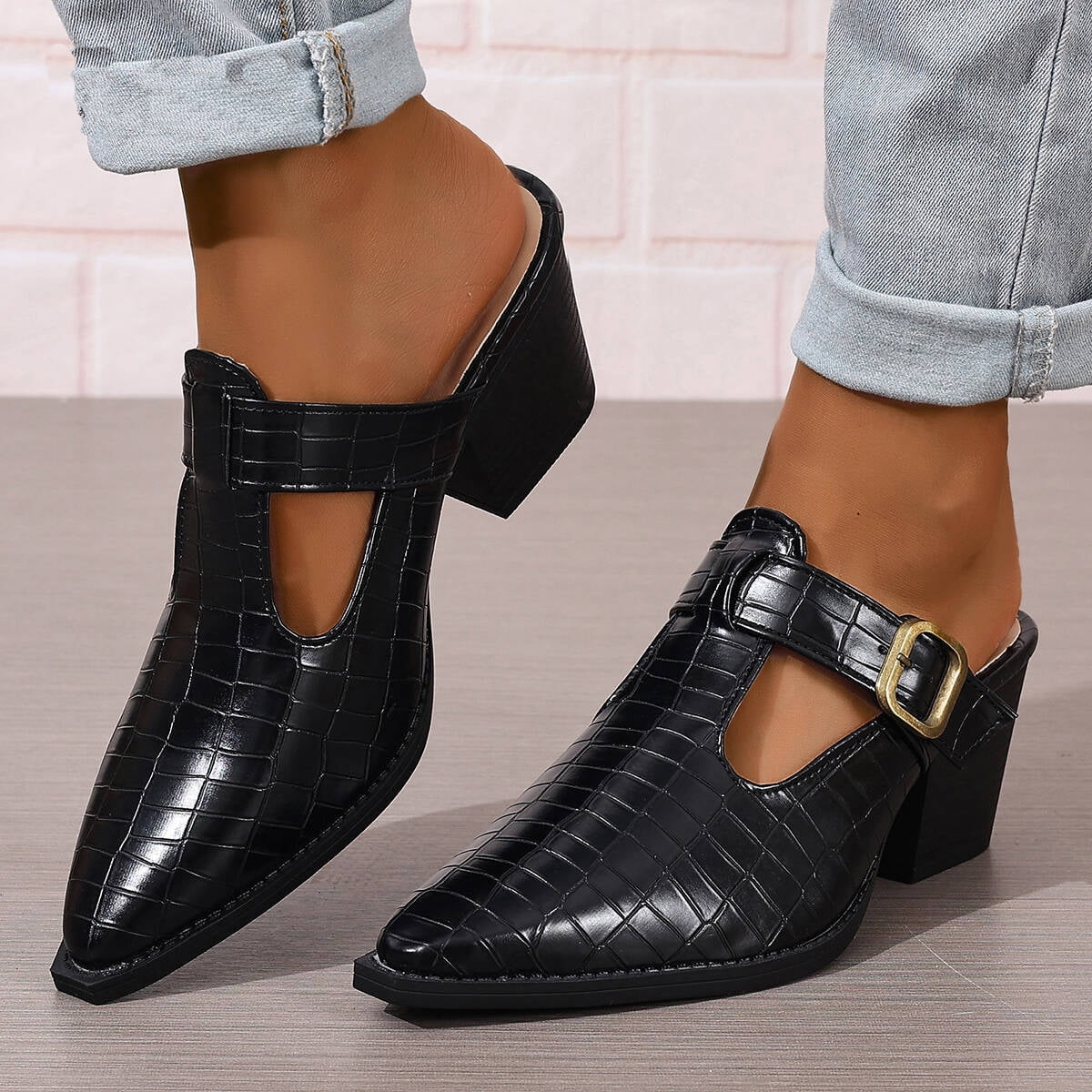 Handmade Women's Closed Pointed Toe T-Strap Buckle Block Heel Backless ...