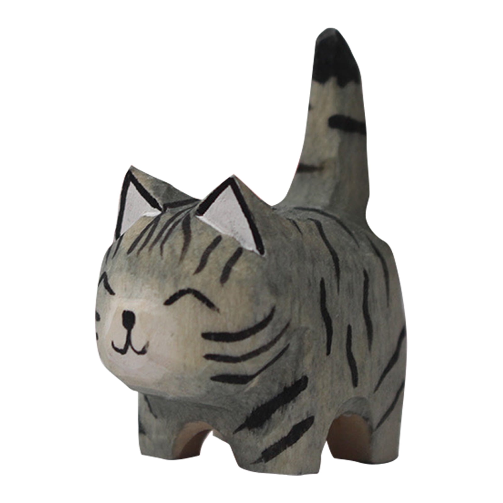 Handmade Wooden Cat Statue Sculpture Small Hand Carved Cat Figurine for ...
