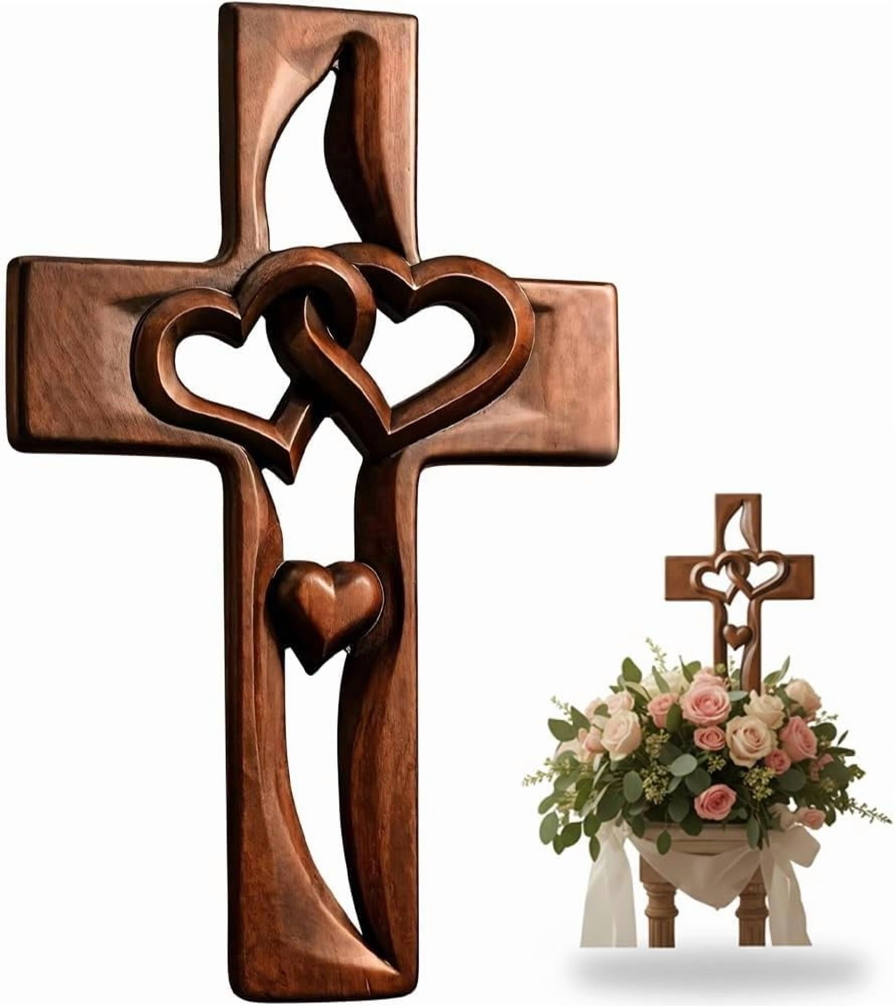 Handmade Wooden Cross with Intertwined Hearts, Hand-Carved Wooden Heart ...