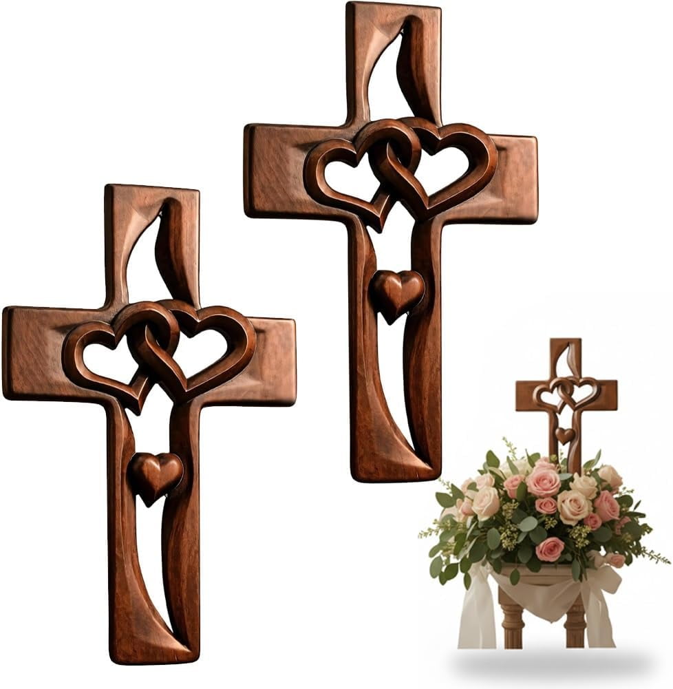 Handmade Wooden Cross with Intertwined Hearts, Hand-Carved Wooden Heart ...