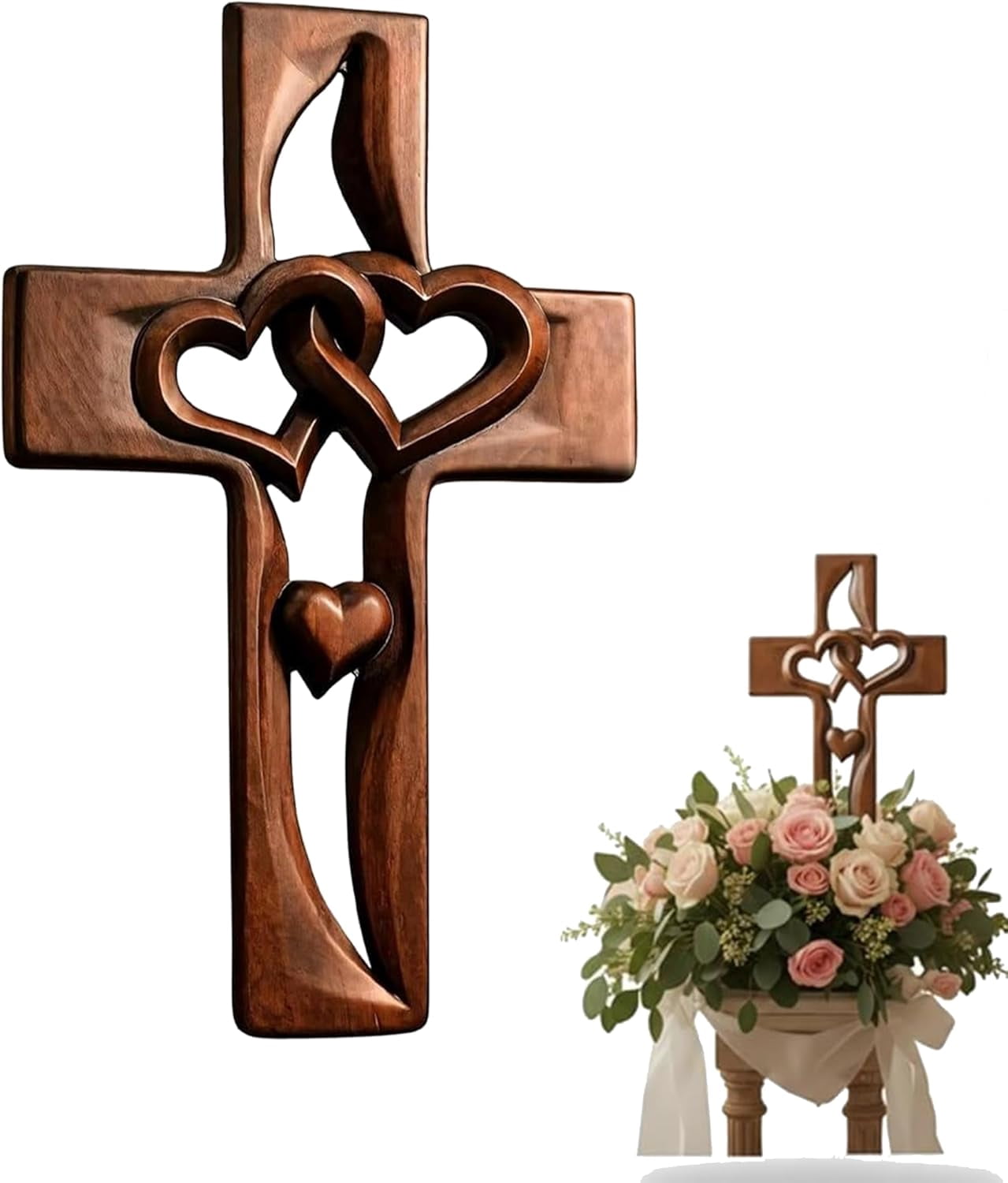 Handmade Wooden Cross Wall Decor with Intertwined Hearts, Beech Wood ...