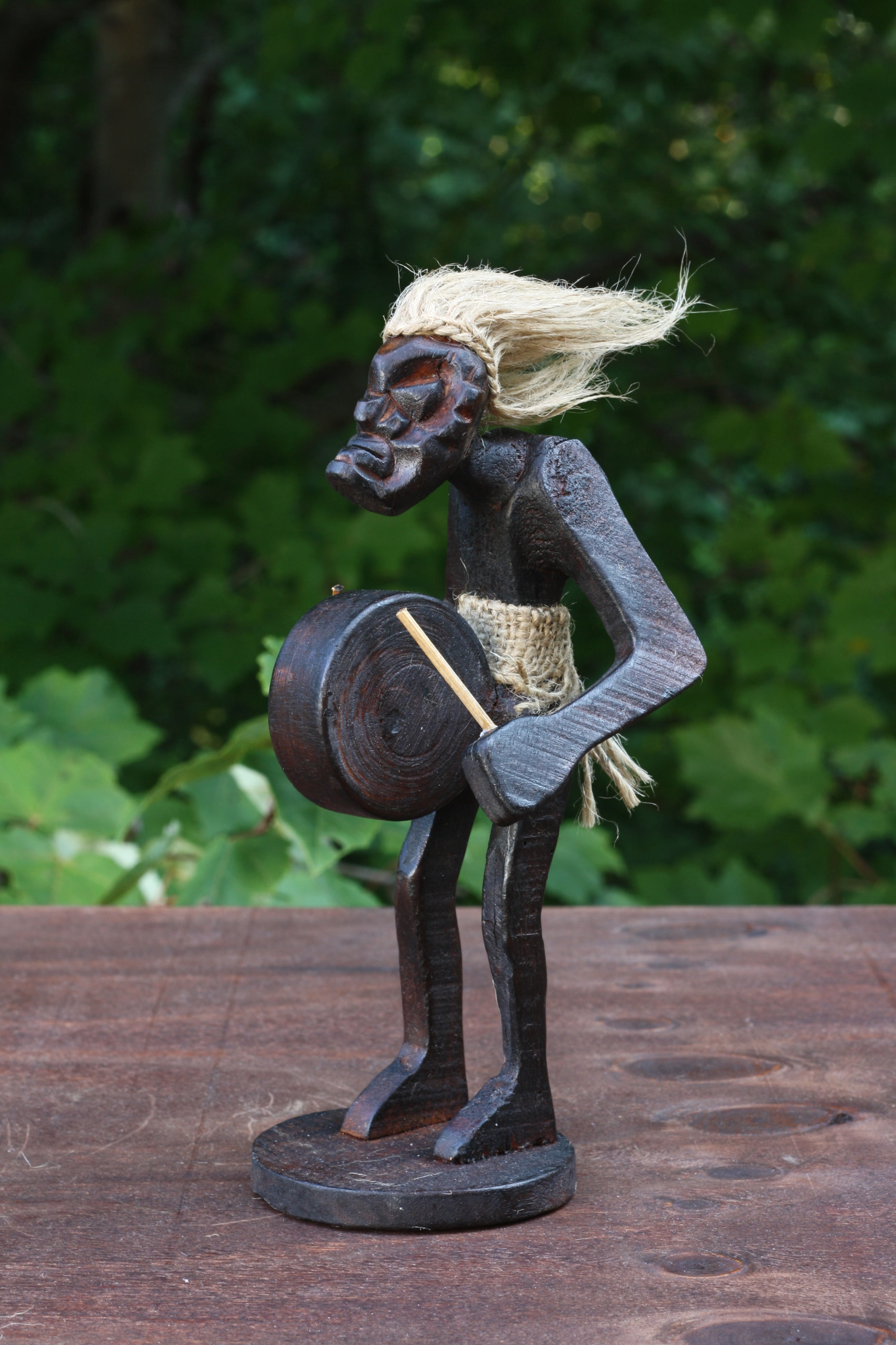 Handmade Wooden Primitive Tribal Playing a Bass Drum Figurine Statue ...