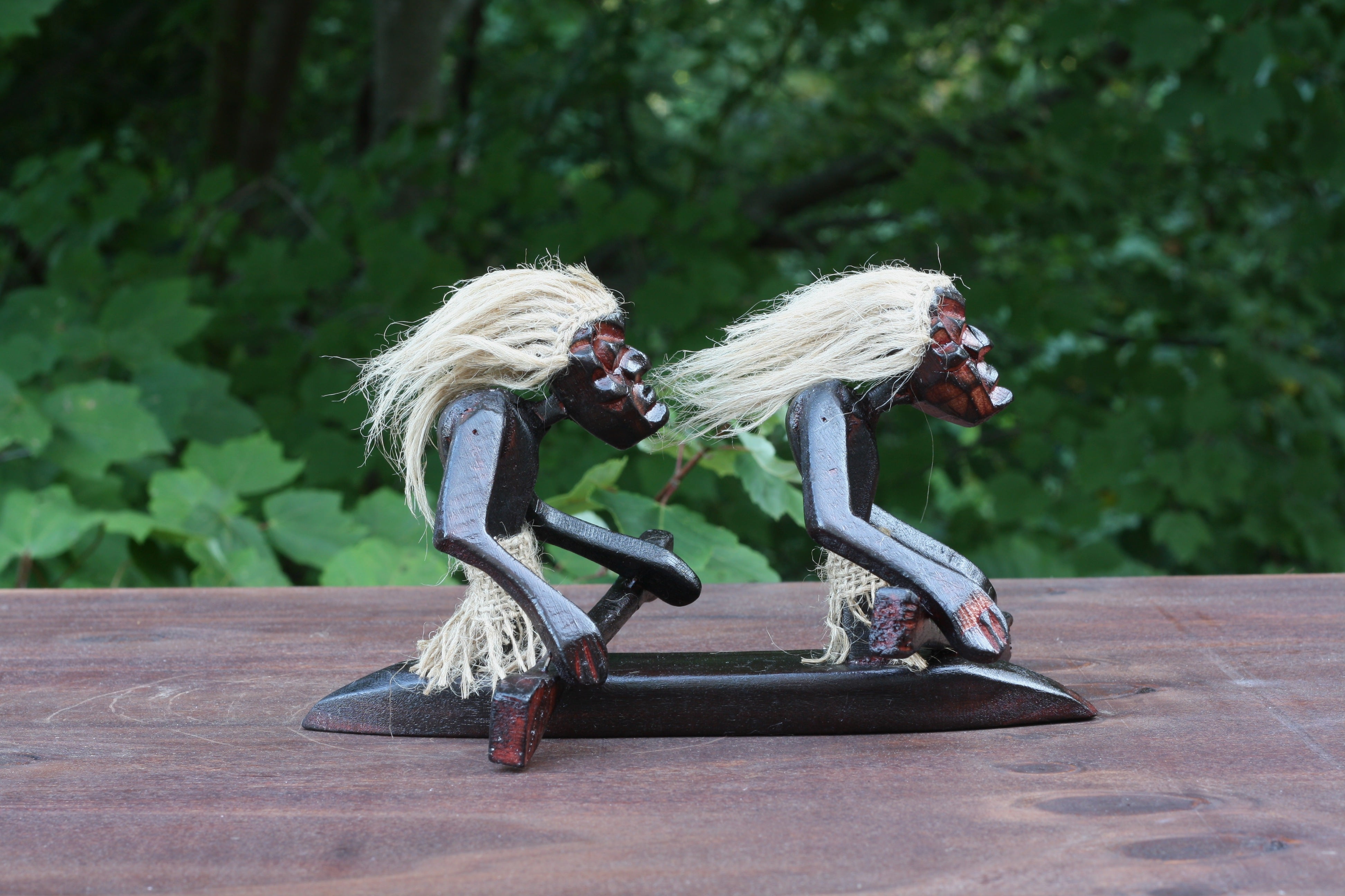 Handmade Wooden Primitive Tribal Tandem Kayaking Figurine Statue Canoe ...