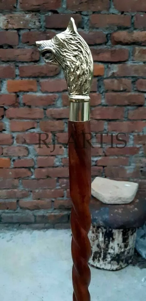 Handmade Wooden Walking Cane with Solid Brass Wolf Head Handle ...