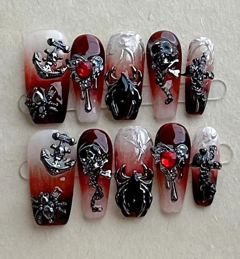 Handmade Y2k Press on Nails Goth Style Black and Red Halloween Fake ...