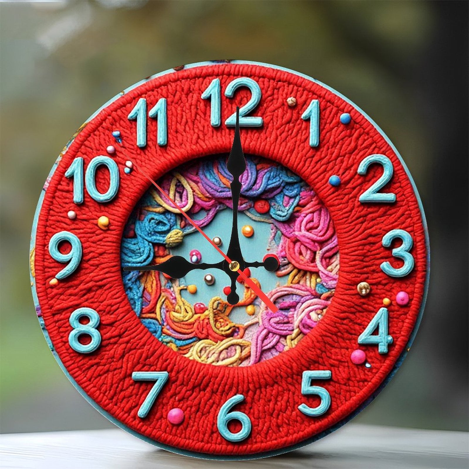 Handmade Yarn Clock Red Knit Wall Clock Colorful Decor 10-Inch Silent ...
