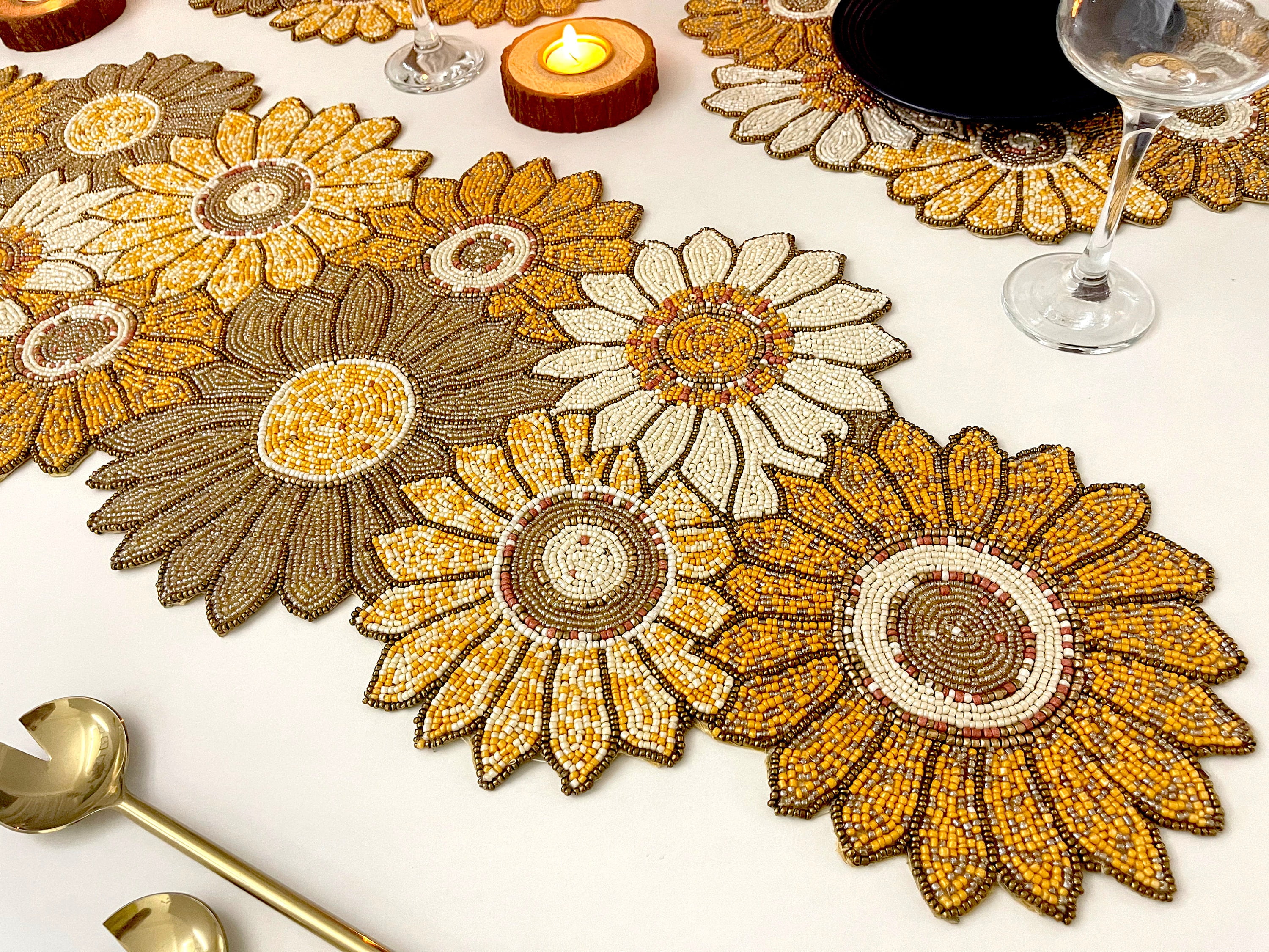 Handmade bead table runner and placemat, sunflower beaded runner ...
