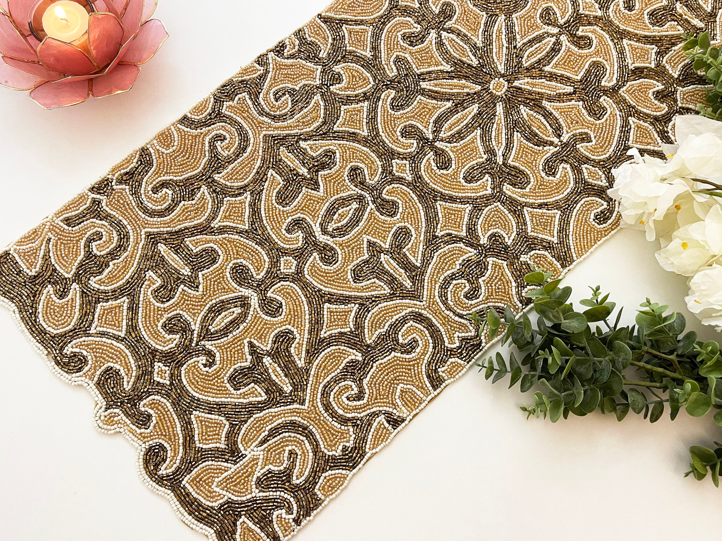 Handmade bead table runner, beaded runner, Antique gold, light gold and ...