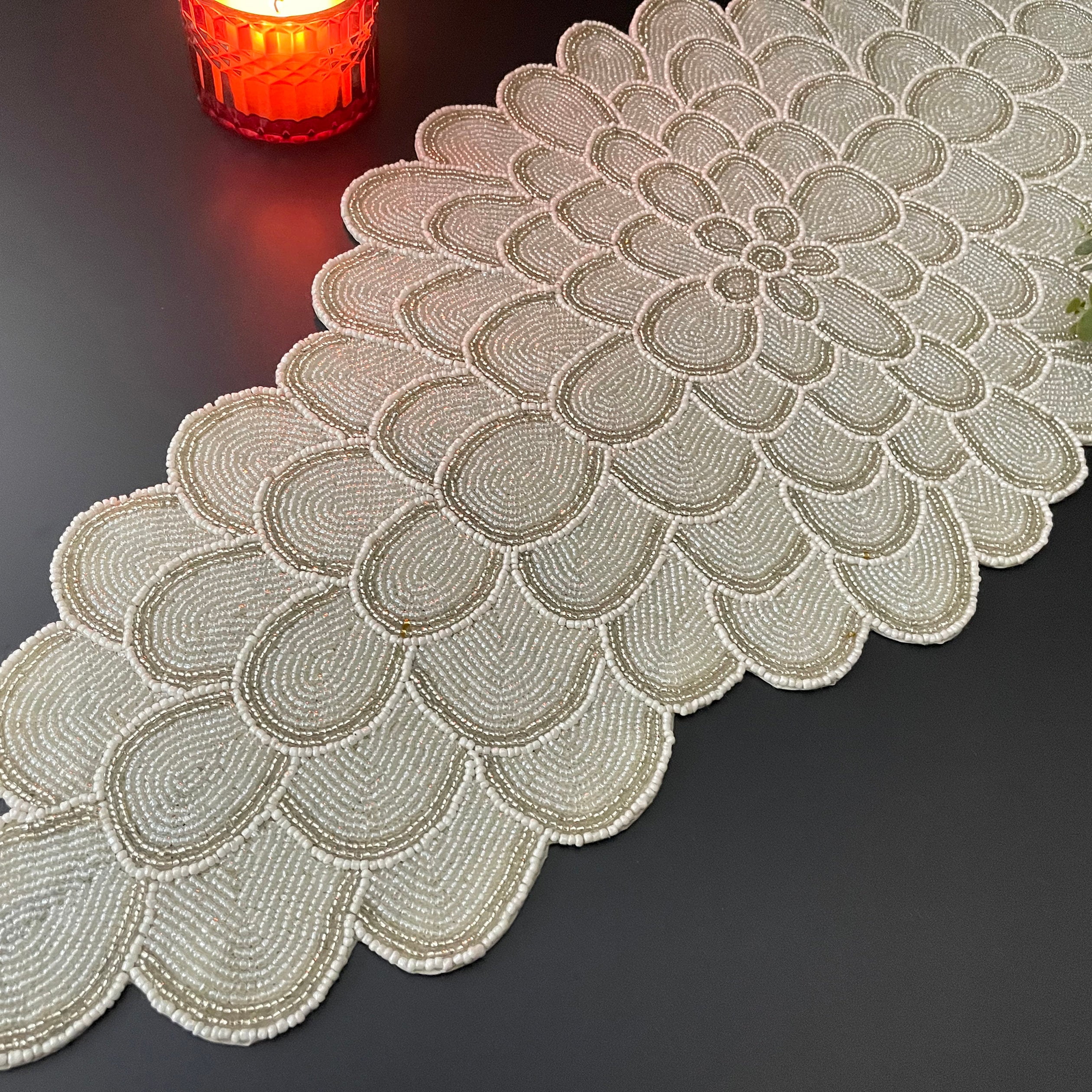 Handmade bead table runner, floral beaded runner, Silver and white ...