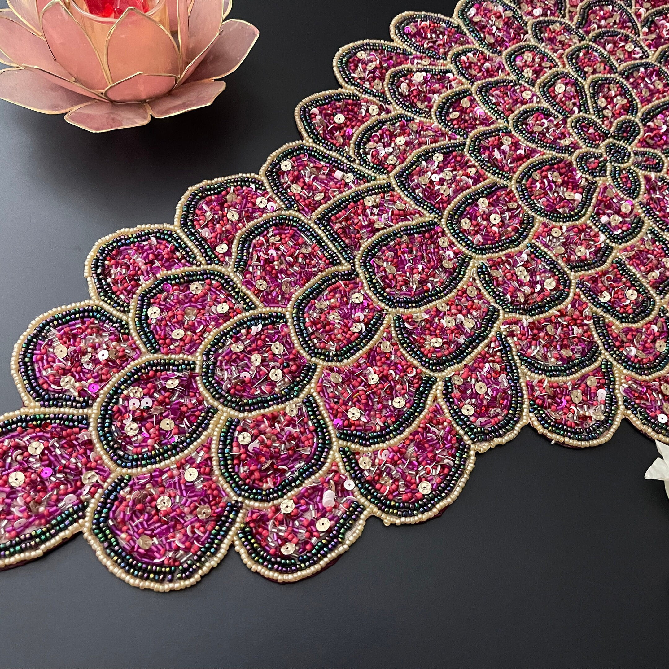 Handmade bead table runner, peacock floral beaded runner, 13x36 inch ...