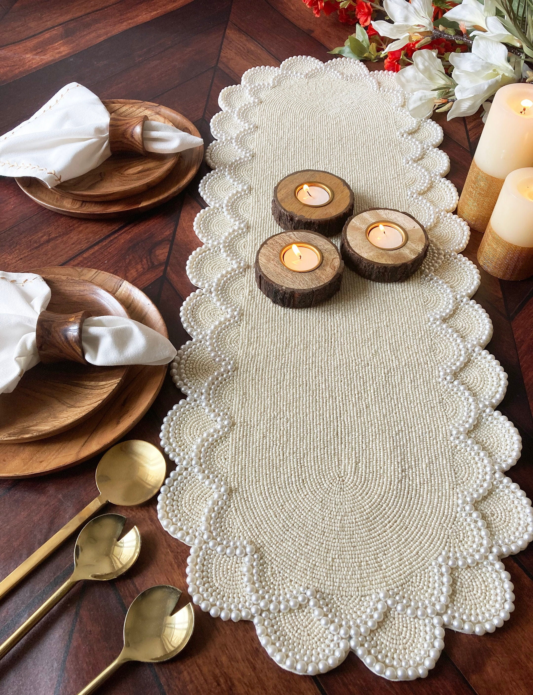 Handmade beaded table runner, pearl white, wedding table runner ...