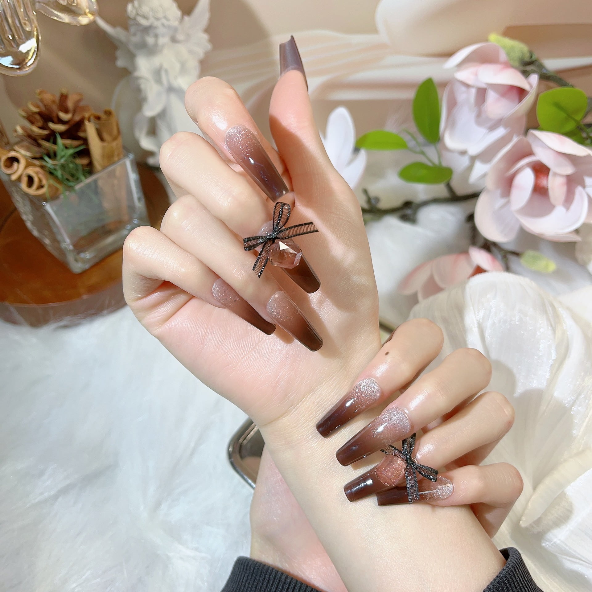 Handmade bow nail art three-dimensional fabric mesh lace band press on ...