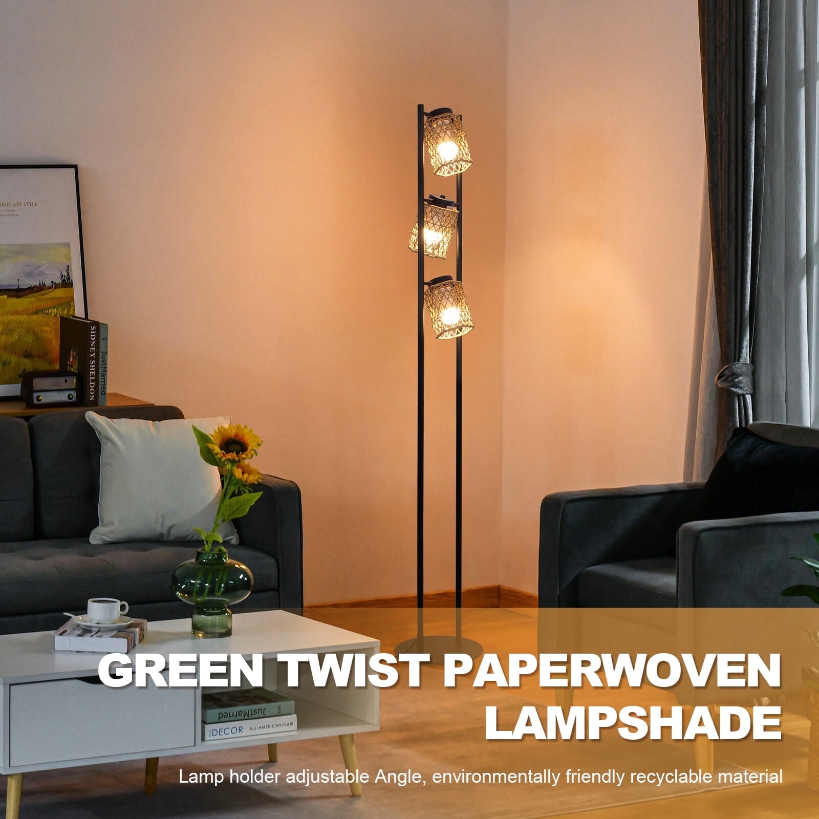 Handmade rattan floor lamp, Bohe countryside Adjustable angle Tall Lamp ...
