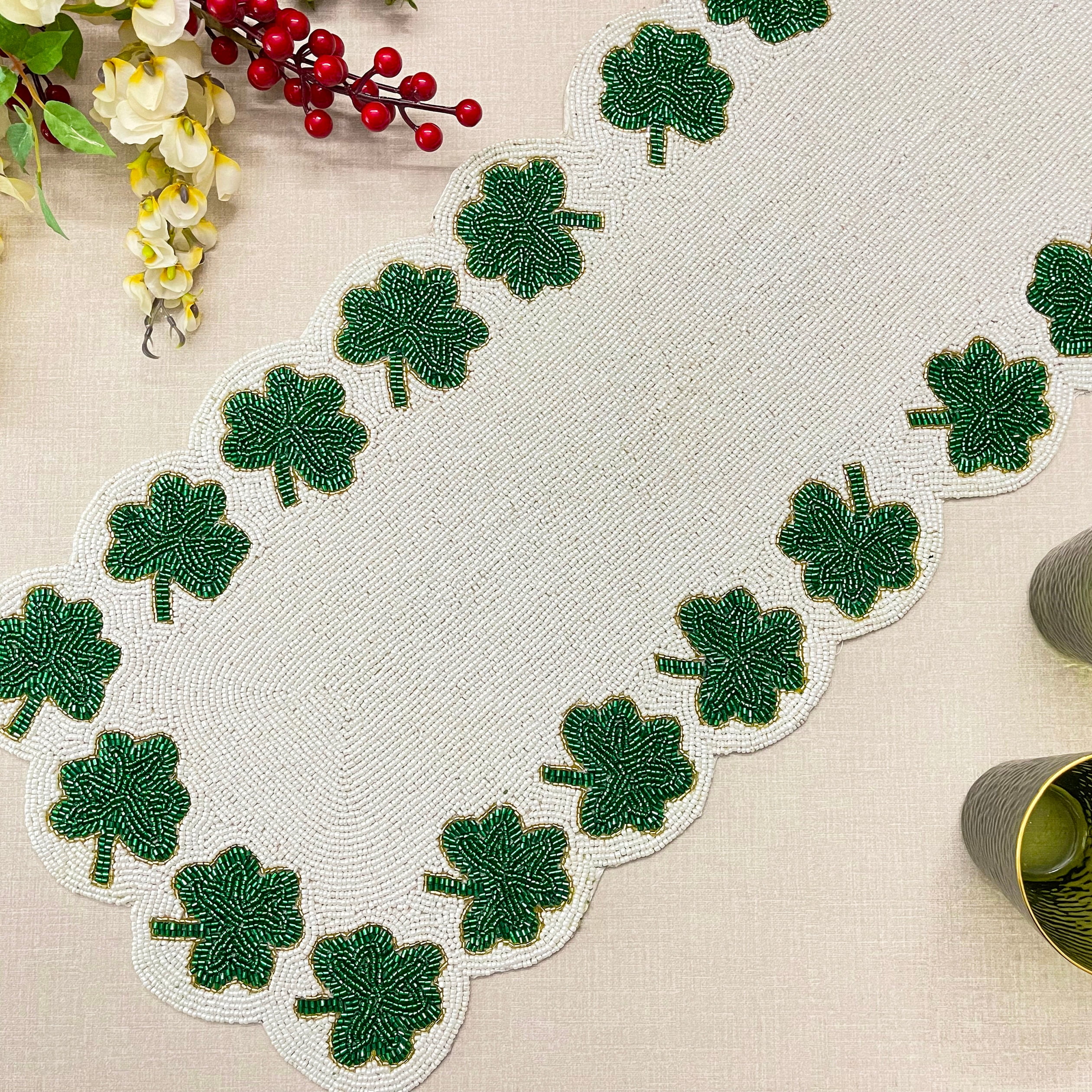 Handmade table runner, Clover Leaf / Shamrock hand beaded runner, Green ...