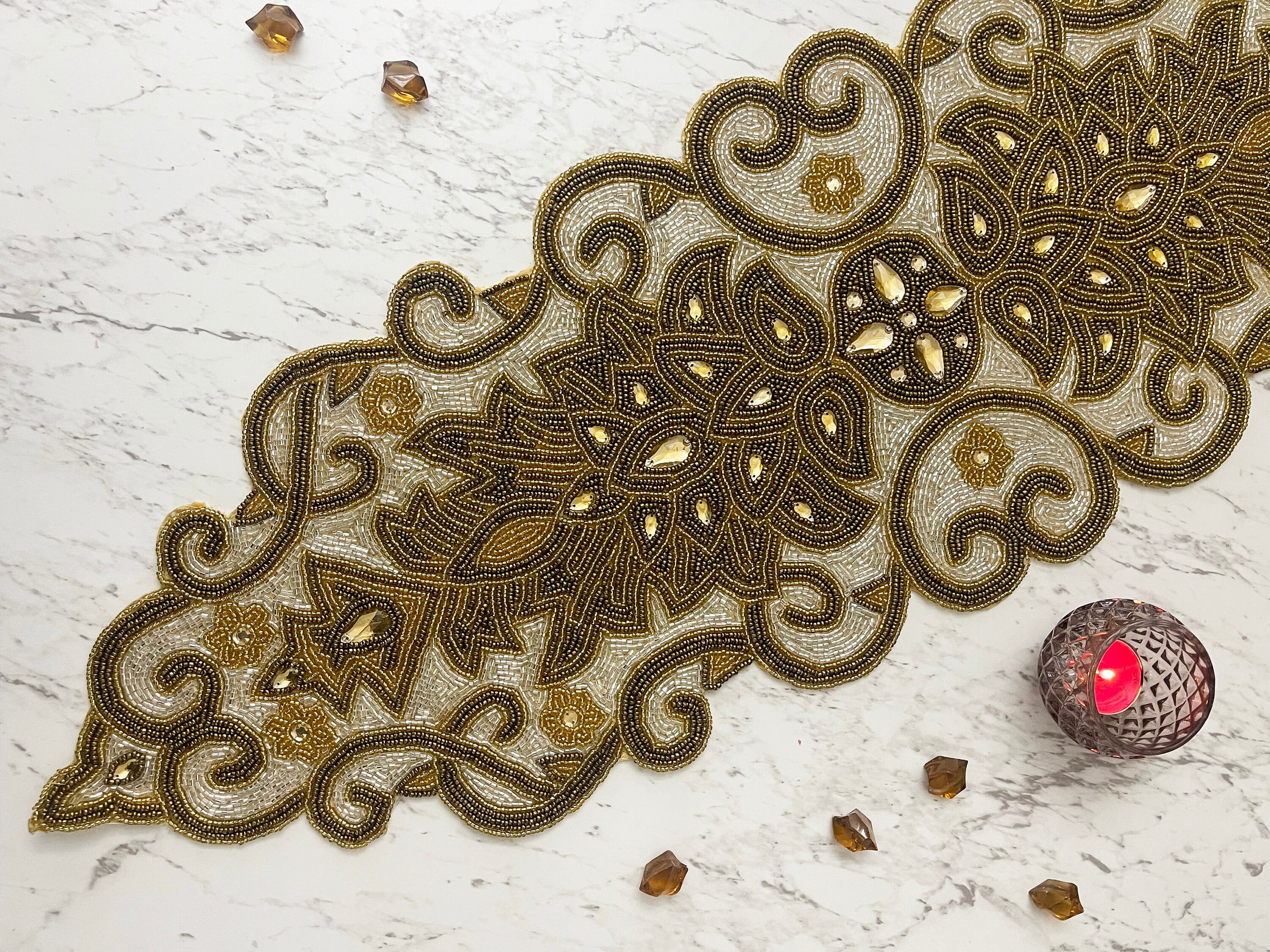 Handmade table runner, Silver and Golden beaded runner, centerpiece ...