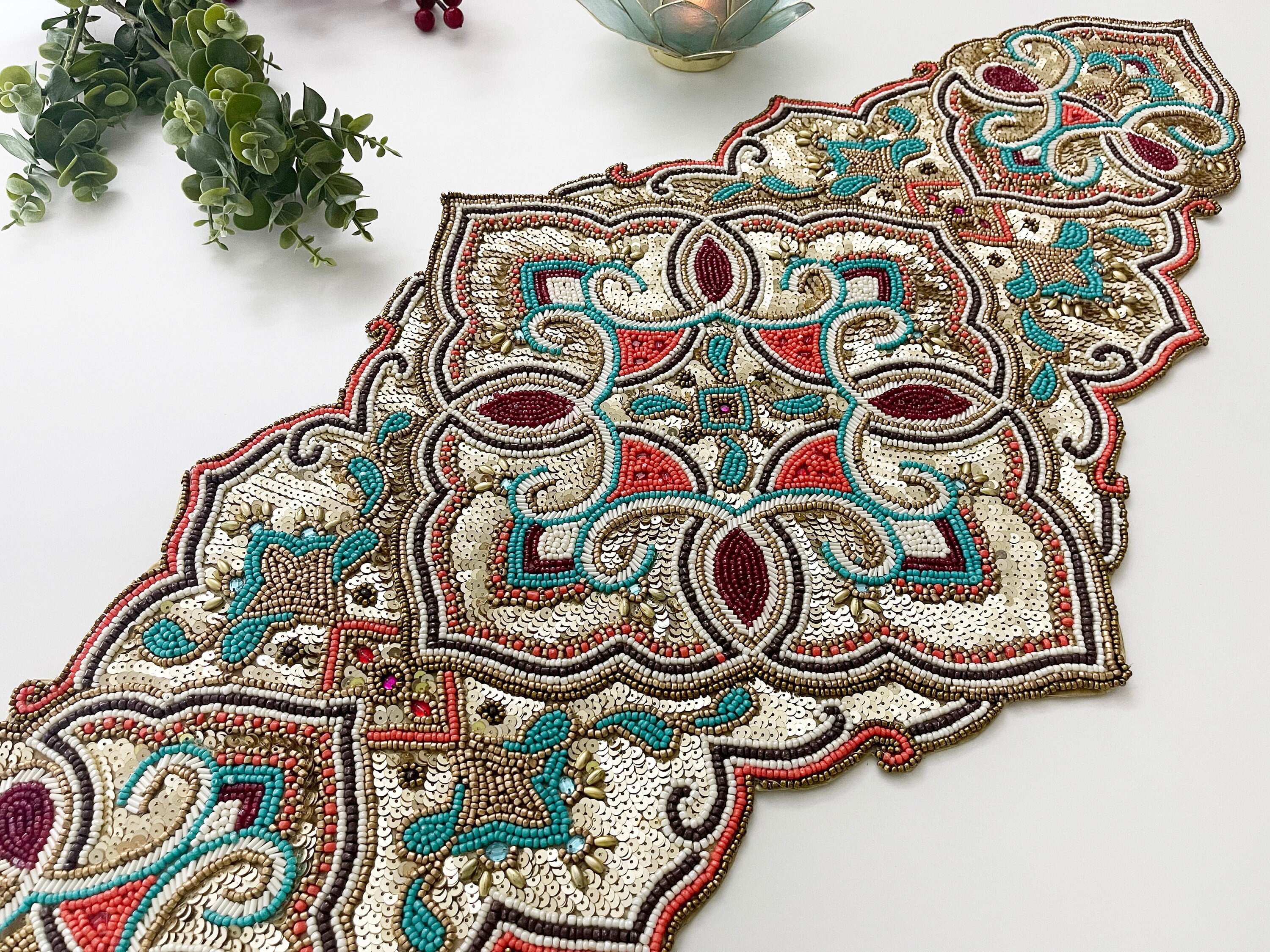 Handmade table runner, luxury beaded runner, centerpiece multicolor ...