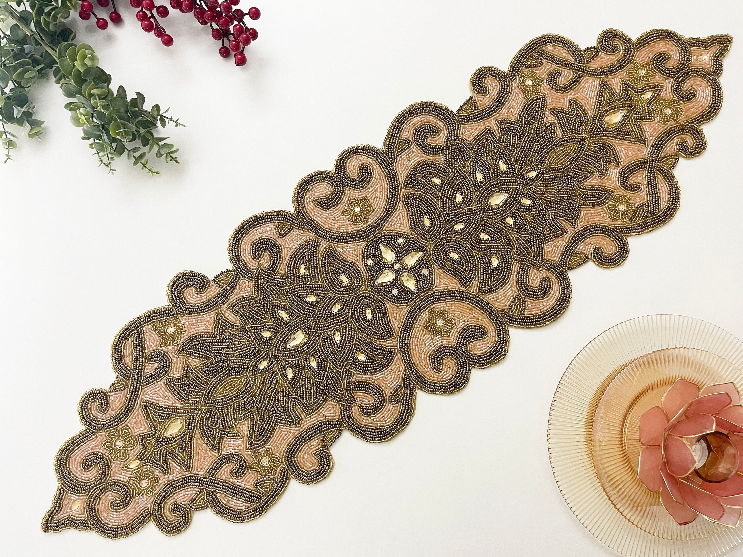 Handmade table runner, peach and golden beaded runner, centerpiece ...