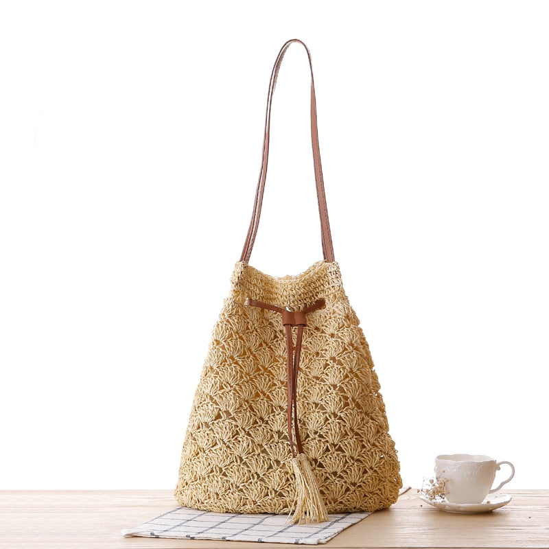 Handmade tassel bucket paper rope woven bag summer vacation beach bag ...