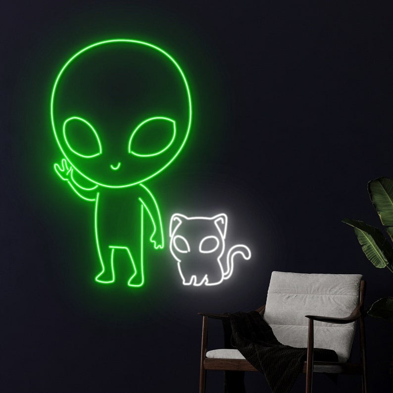 Handmadetneonsign Alien Cat Neon Sign, Cute Alien Cat Wall Art Decor ...