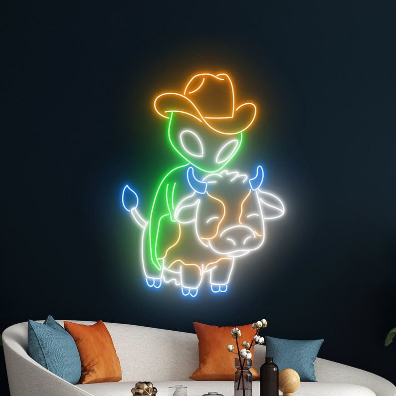 Handmadetneonsign Alien Riding A Cow Neon Sign, Alien Riding A Cow LED ...