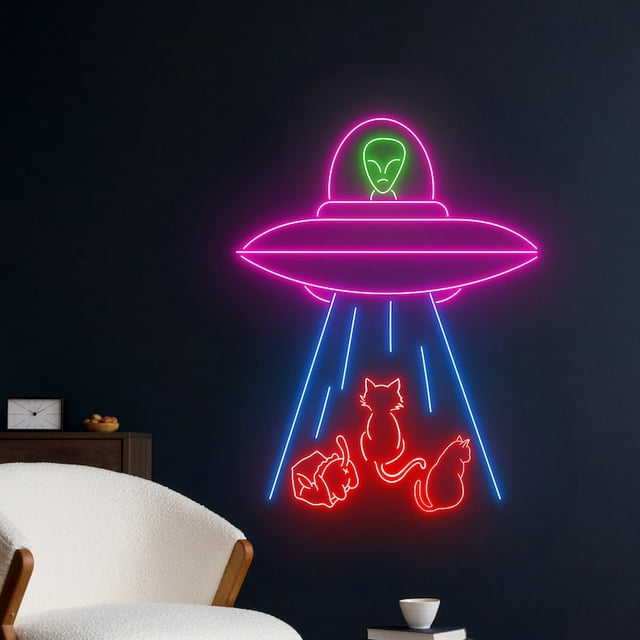 Handmadetneonsign Alien UFO Abduction Cat Neon Sign, Alien Cat Wall Art ...