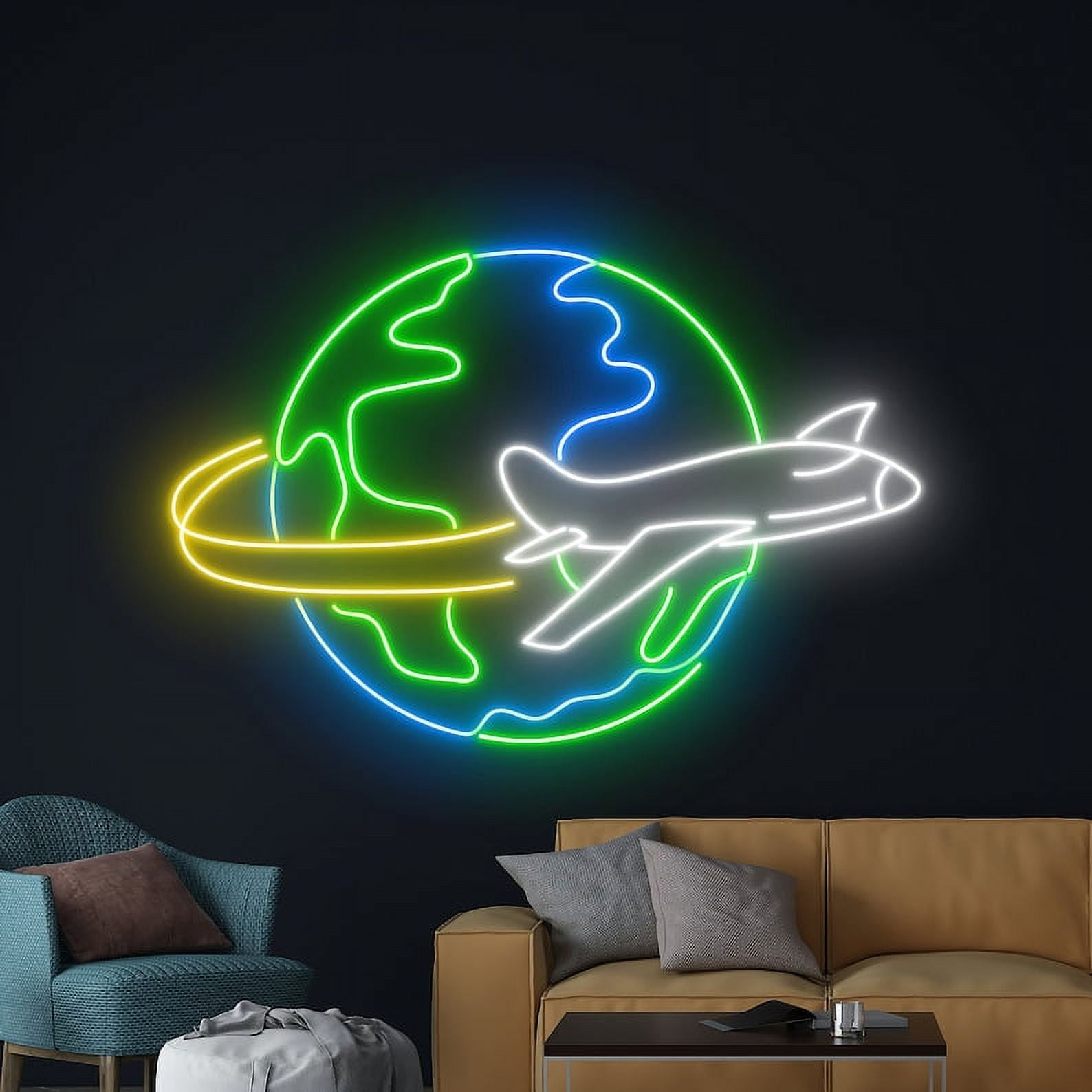 Handmadetneonsign Around The World Neon Sign, AirPlane Earth Neon Led ...