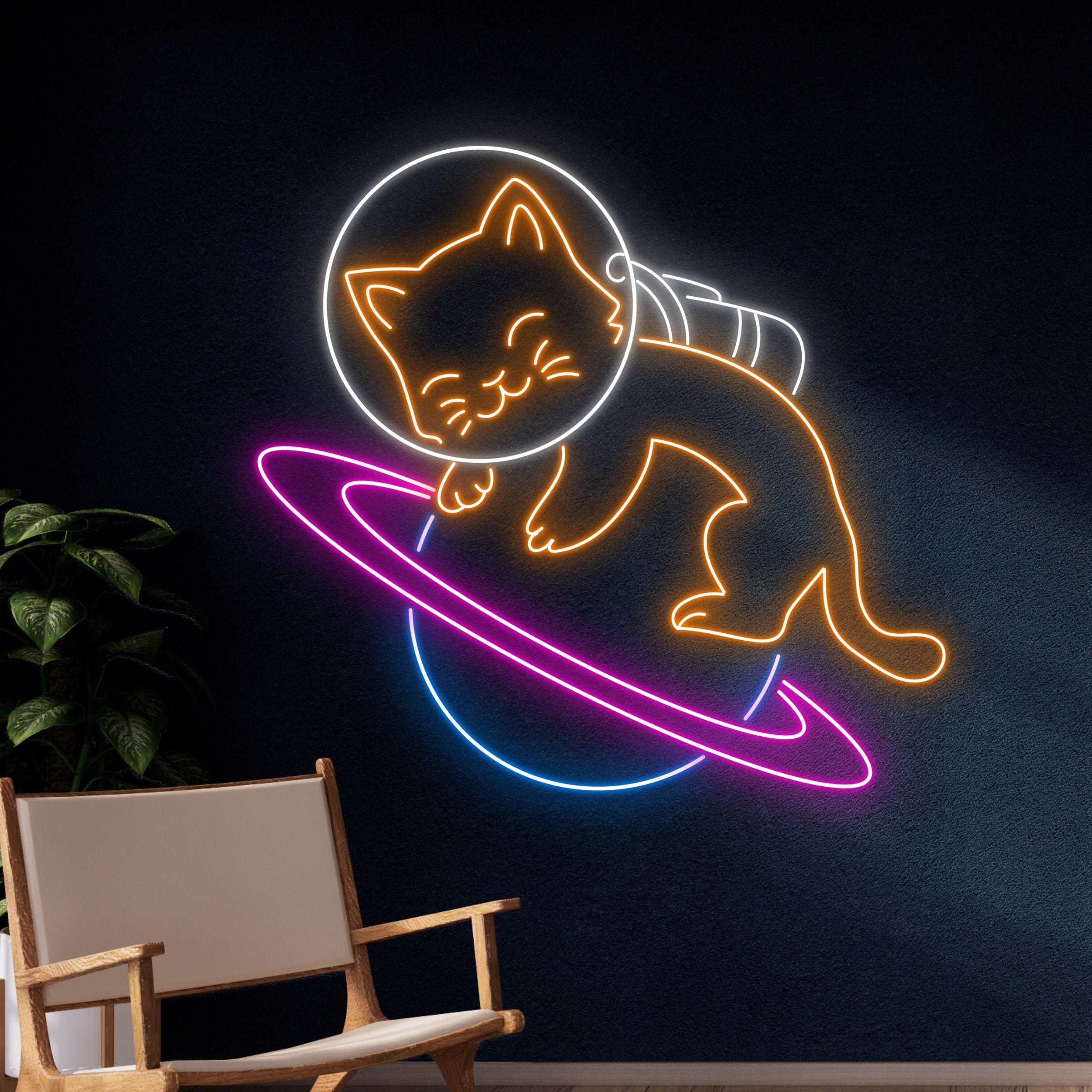 Handmadetneonsign Astronaut Cat Sleeping On Planet Neon Sign, Cat in ...