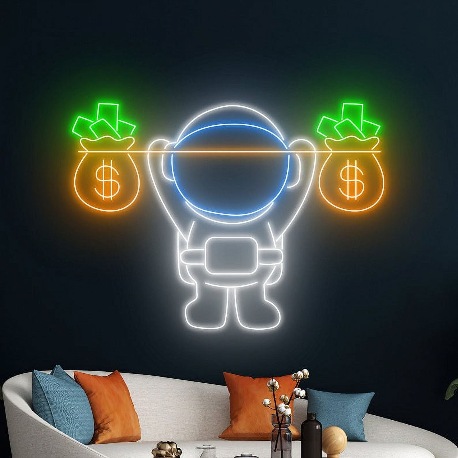 Handmadetneonsign Astronaut Lifting Money Bag Neon Sign, Astronaut Gym ...