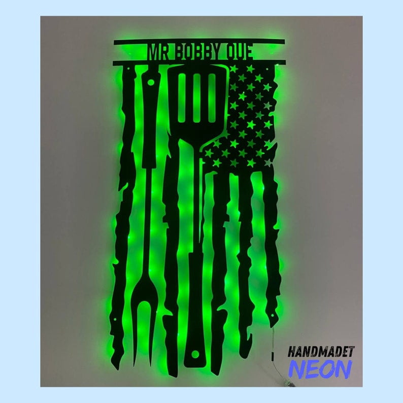 Handmadetneonsign BBQ US Flag Metal Sign, Barbecue Metal Light, Grill ...