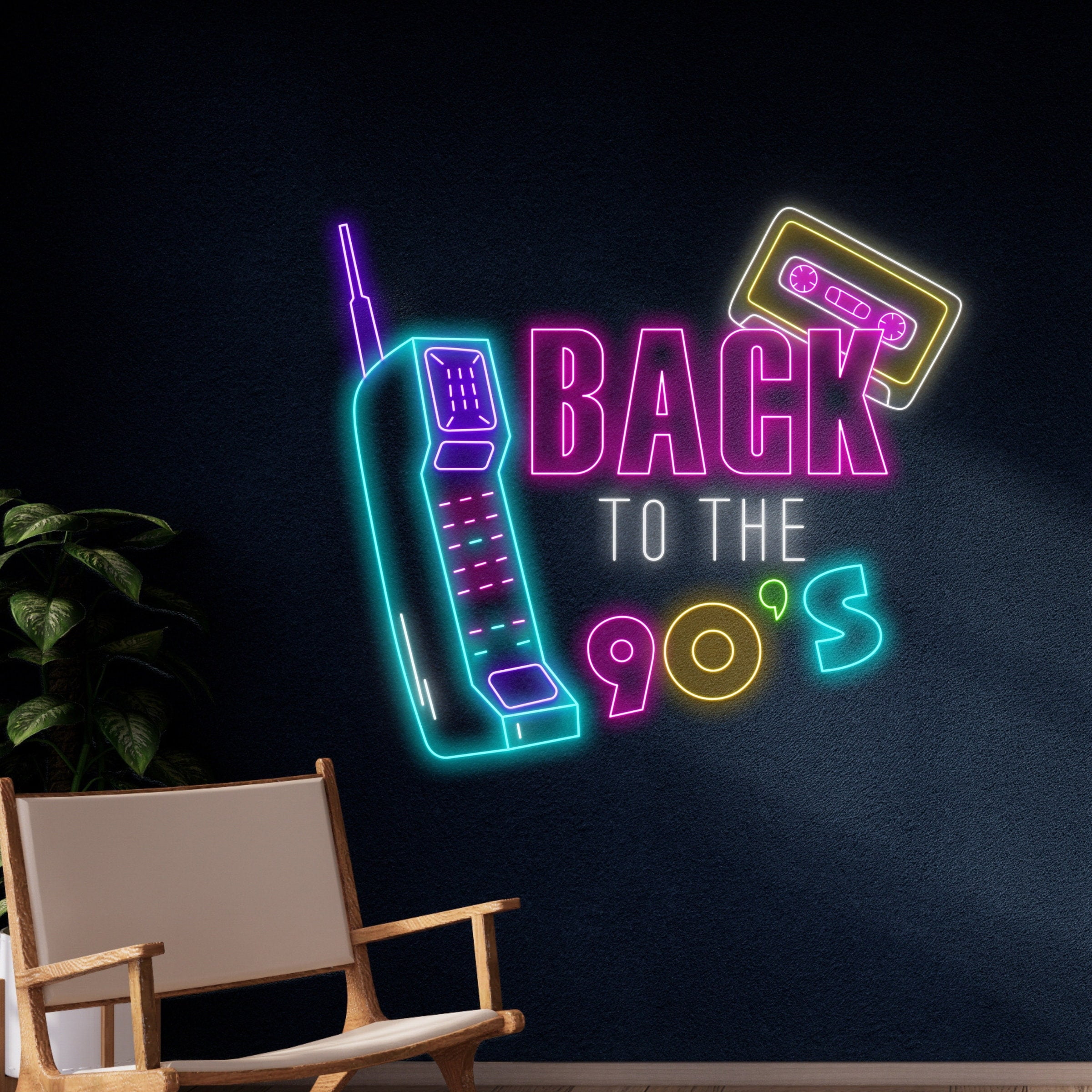Handmadetneonsign Back To The 90's Neon Sign, Cassette Tape Cell Phone ...